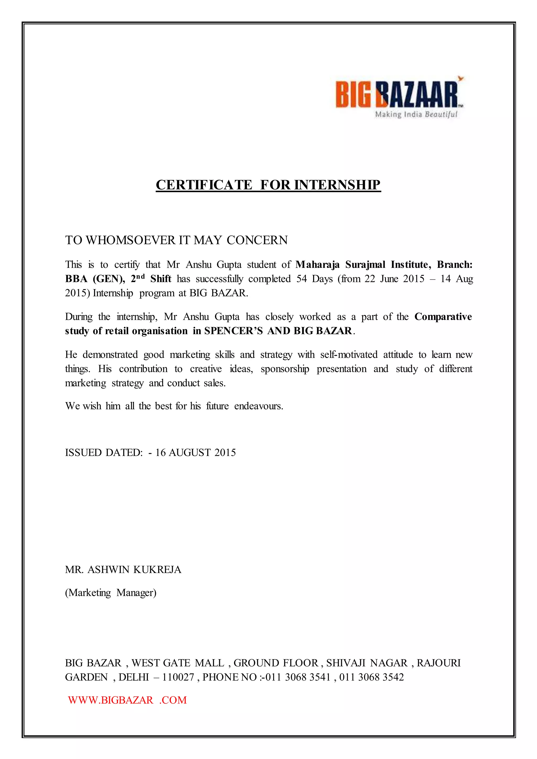 Certificate for internship | DOCX