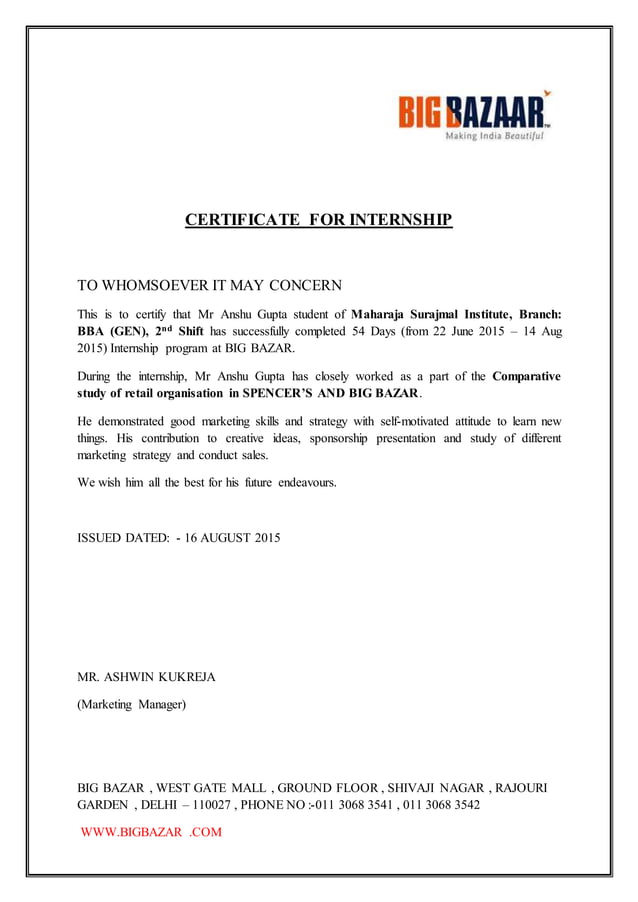 Certificate for internship | DOCX