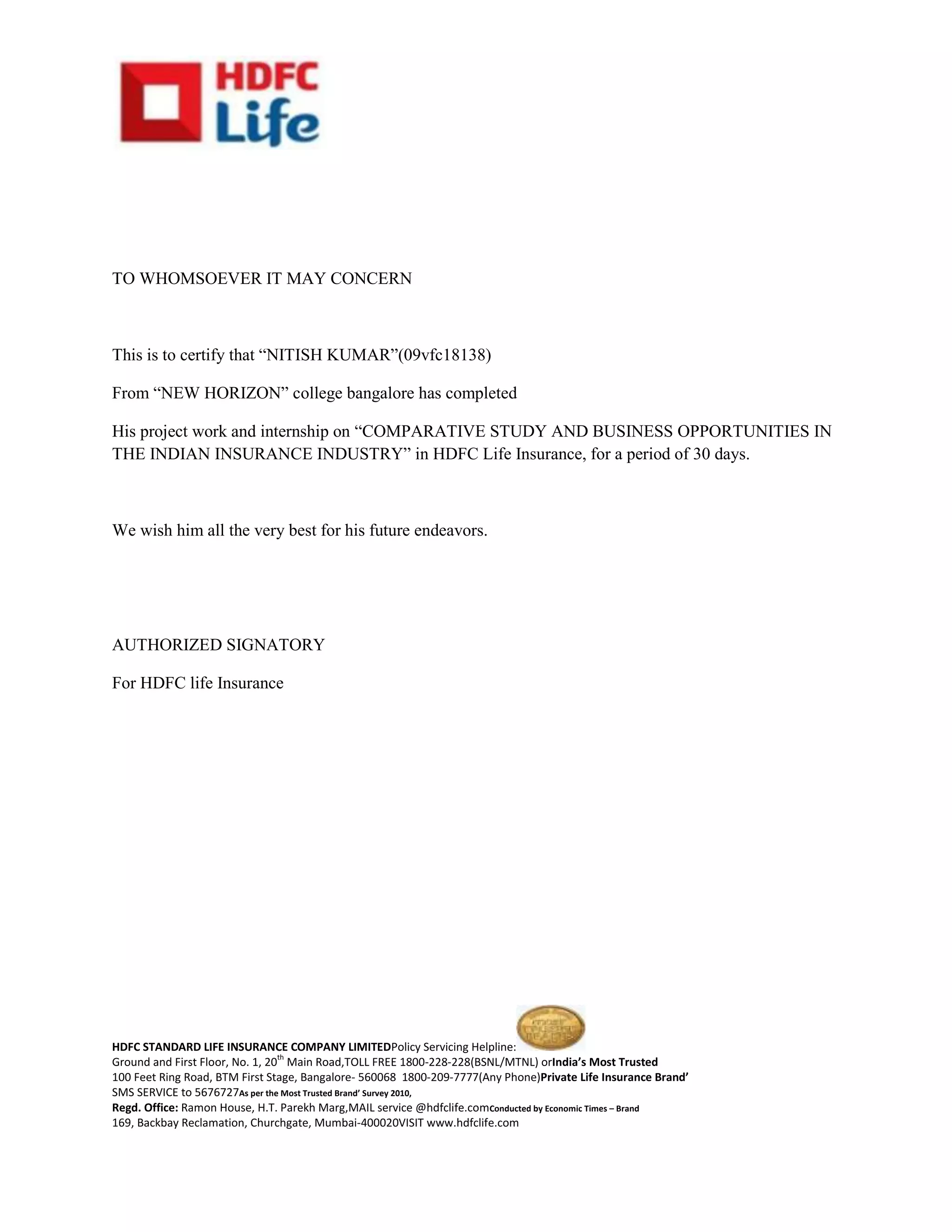 Certificate hdfc | DOCX