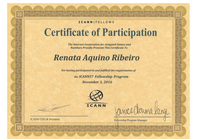 Certificate icann57 fellowship program | PPT