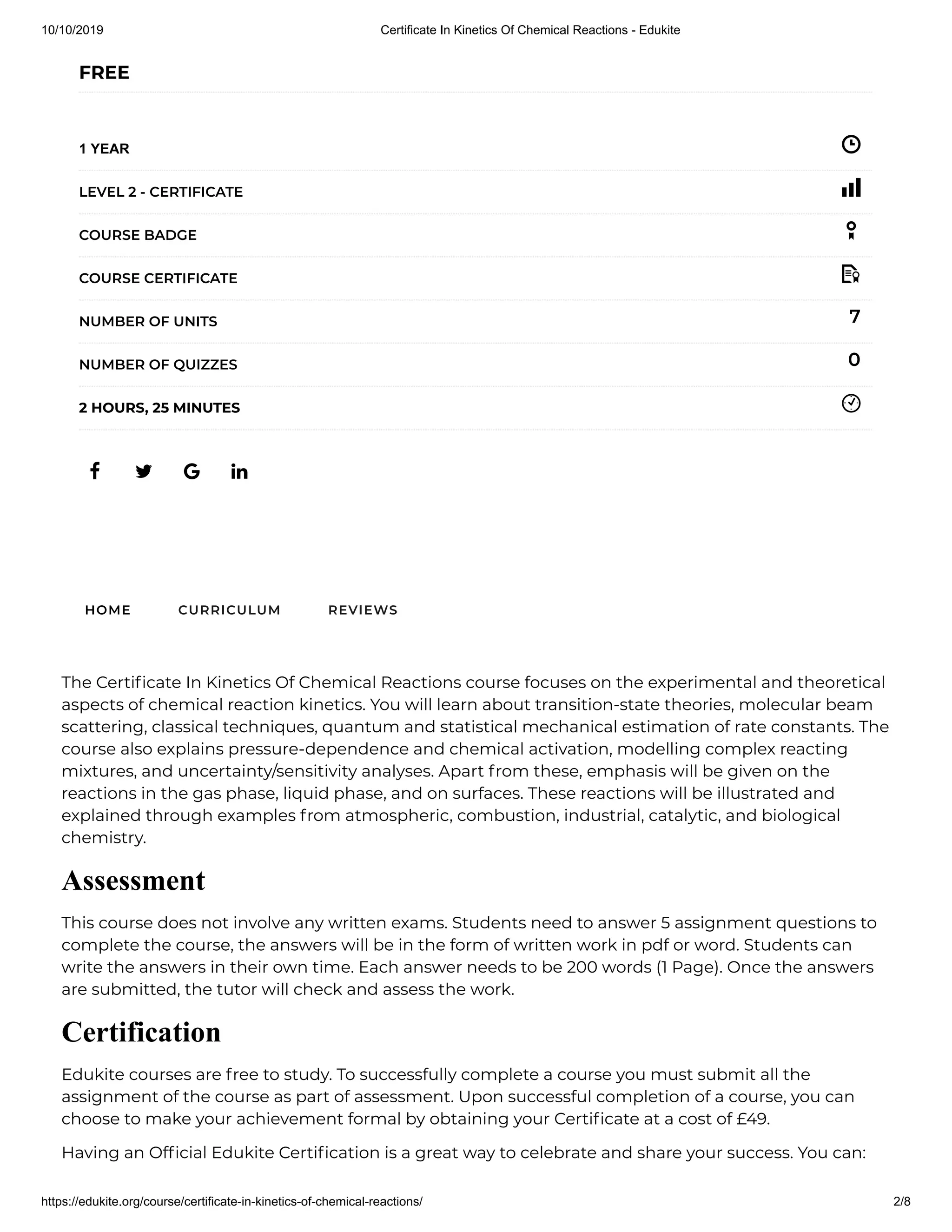 Certificate In Kinetics Of Chemical Reactions - Edukite | PDF