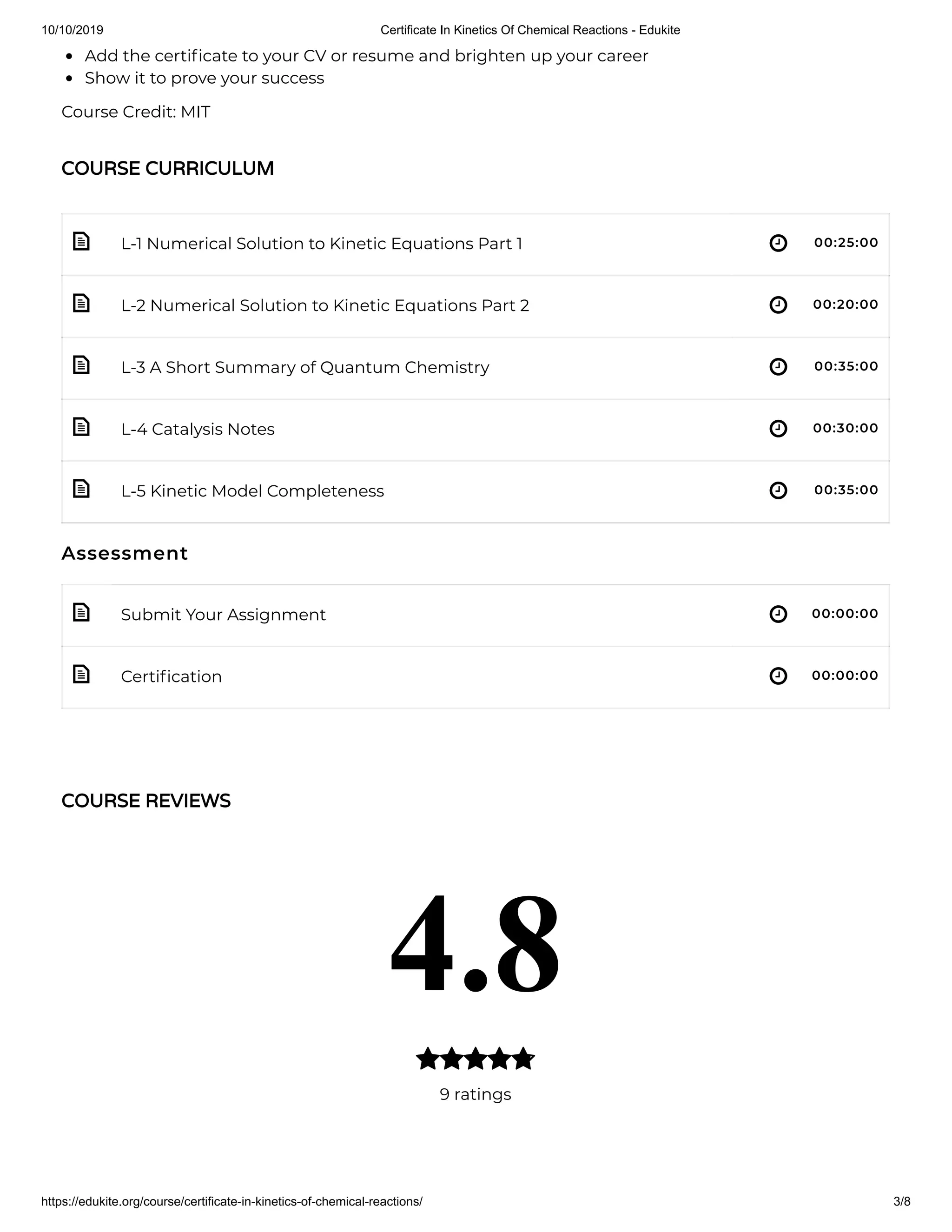 Certificate In Kinetics Of Chemical Reactions - Edukite | PDF