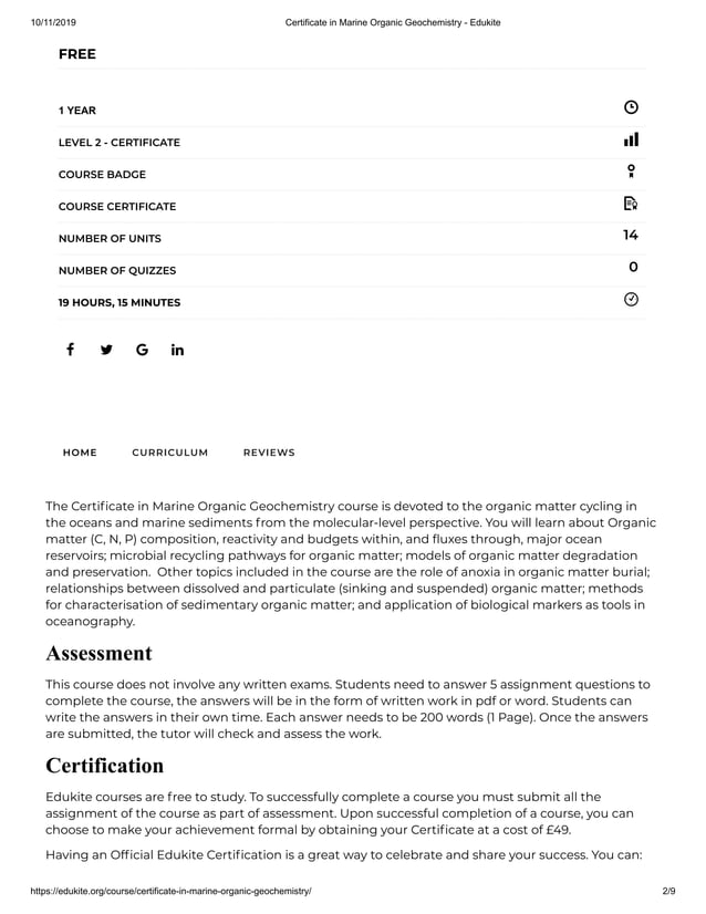 Certificate in Marine Organic Geochemistry - Edukite | PDF
