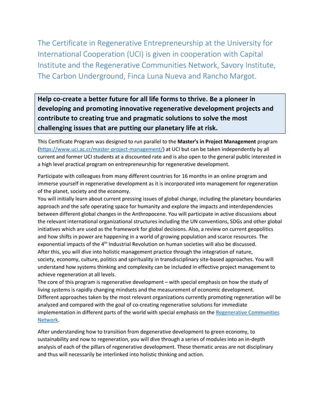 Program Outline in Regenerative Entrepreneurship | PDF