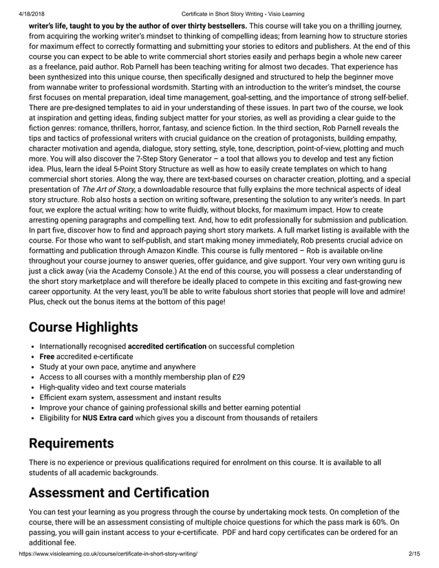 Certificate in short story writing visio learning | PDF