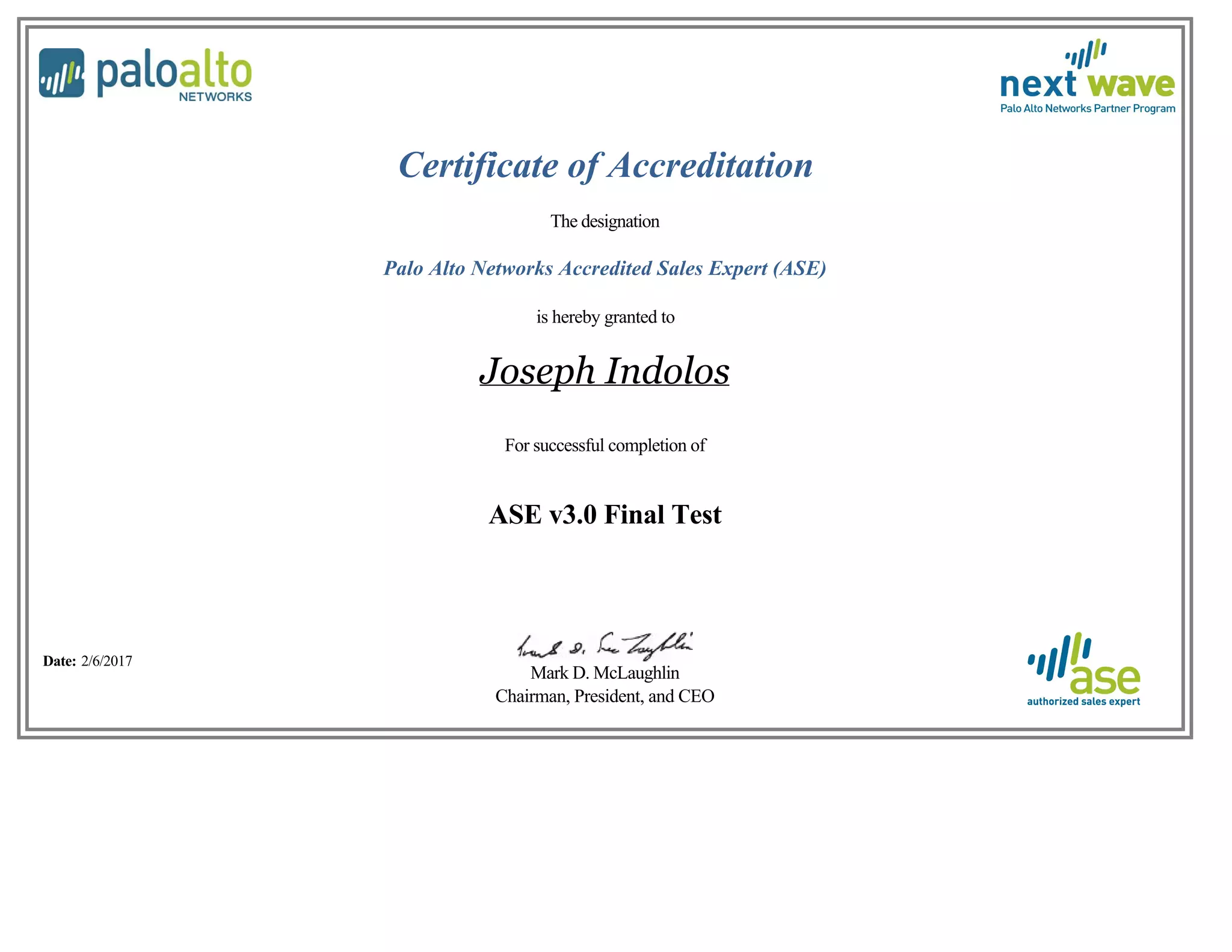 Joseph Indolos Palo Alto Networks - Accredited Sales Expert (ASE ...