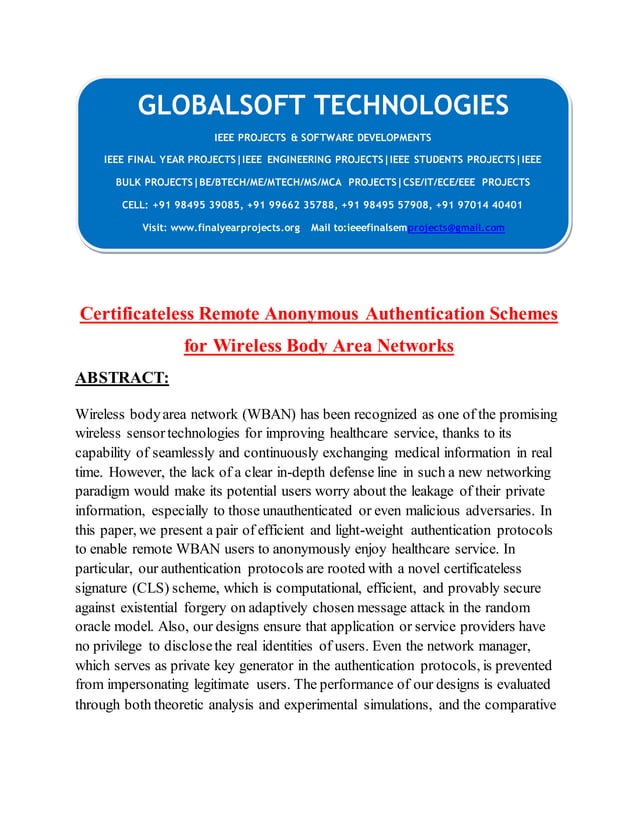 Ieee 2014 Ns2 Networking Projects Certificateless Remote Anonymous Authentication Schemes For