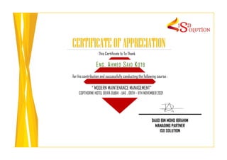 Certificate of Appreciation for conducting the "Modern Maintenance ...