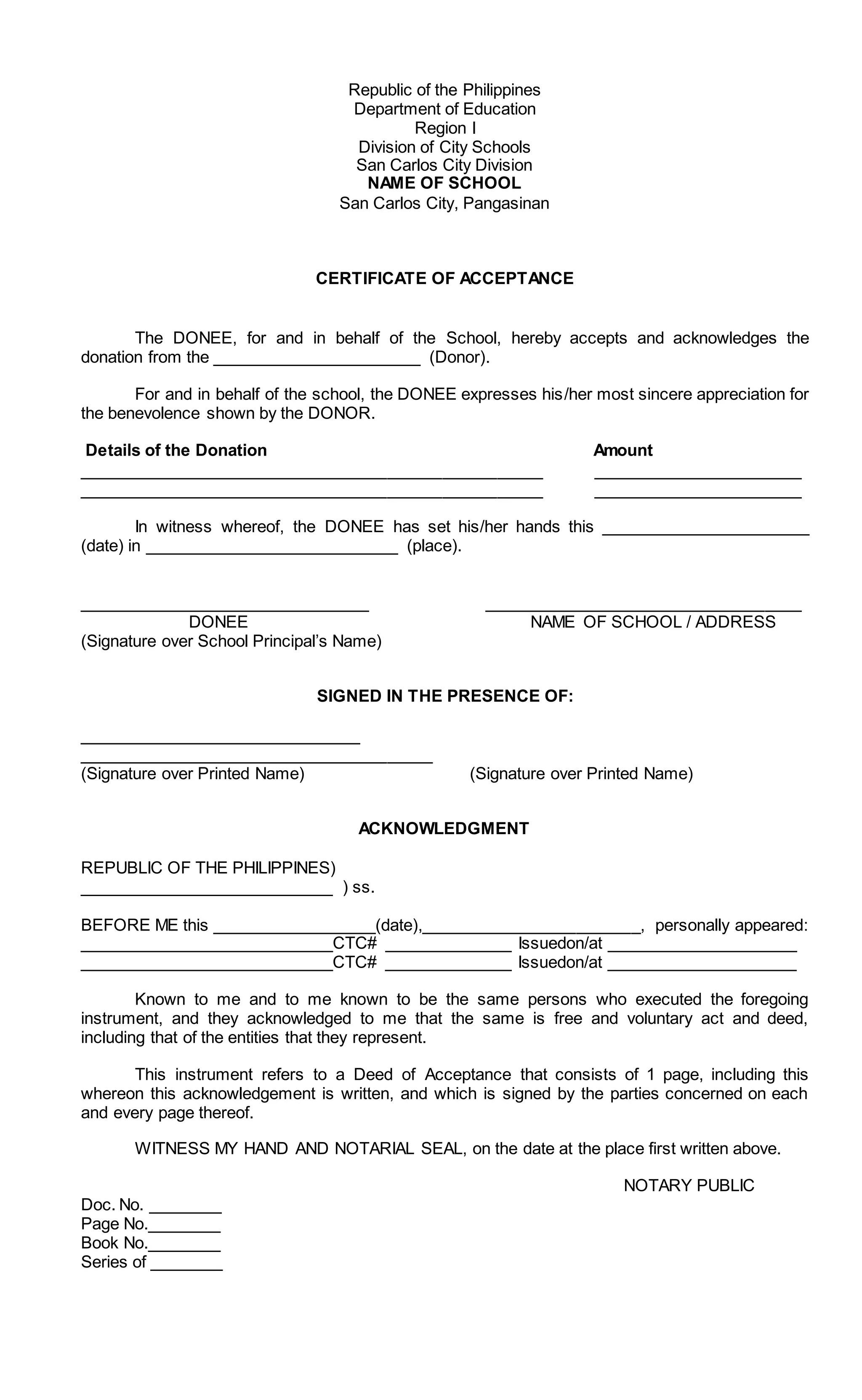 Certificate of Acceptance of Donation - DepEd Adopt-a-School Program | DOCX
