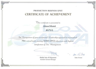 Certificate of Achievement from ADMA OPCO (ADNOC Offshore) Company ...