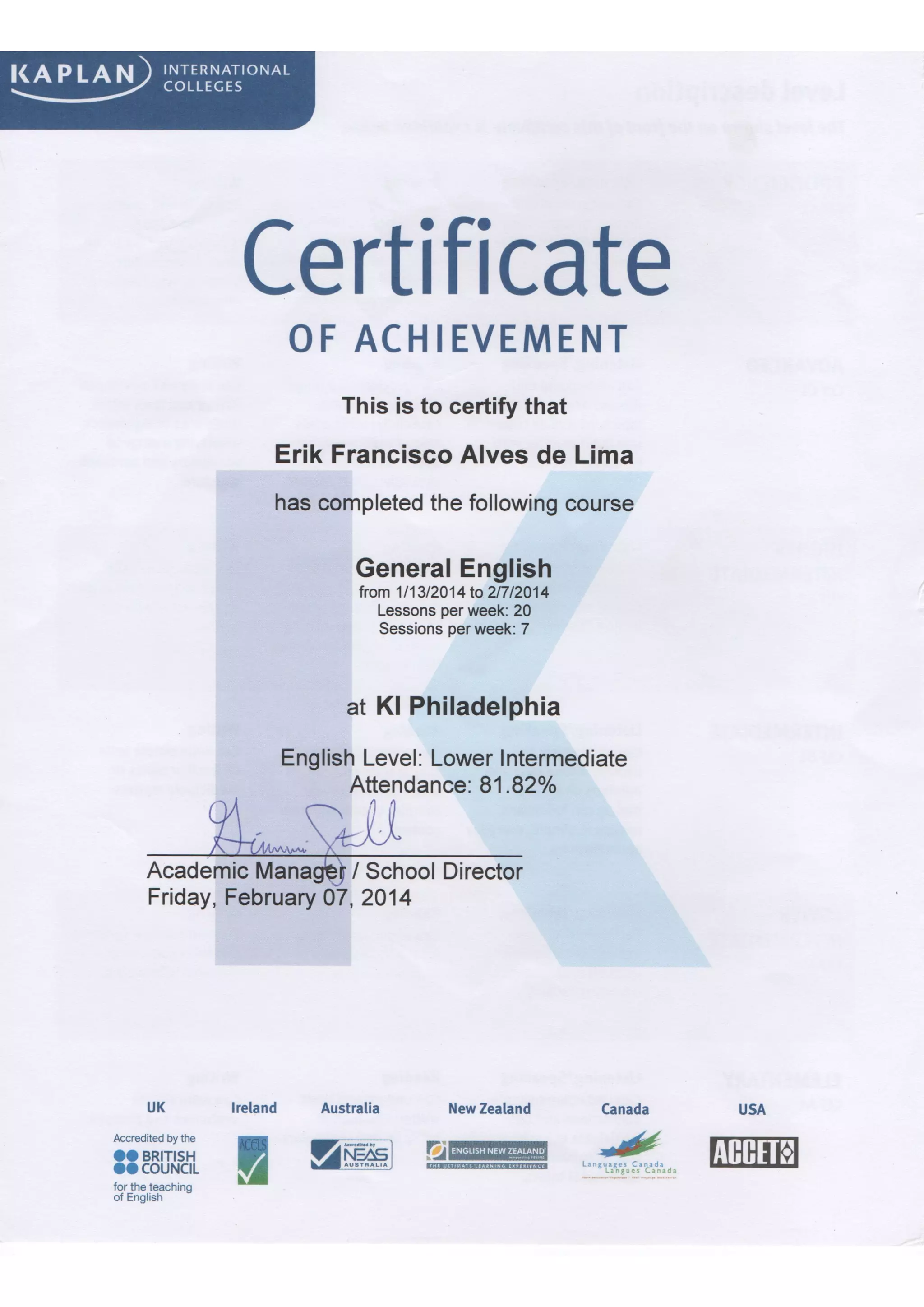 Certificate of Achievement Kaplan Philadelphia - General English ...