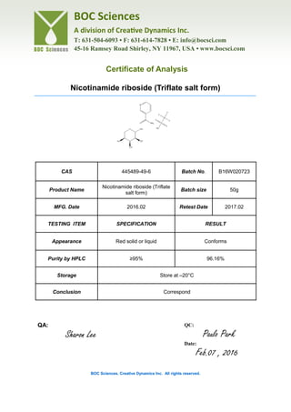 Certificate of analysis nicotinamide riboside triflate 445489-49-6 b16 ...