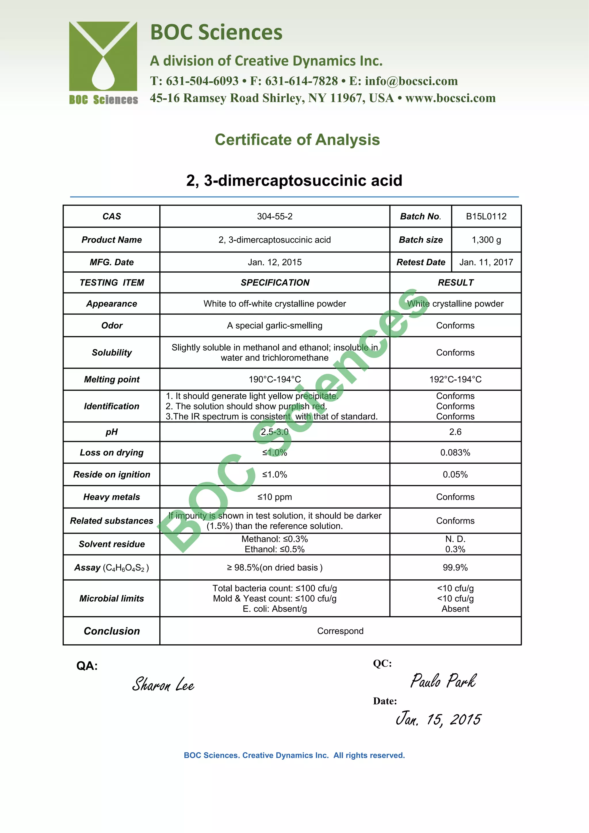 Certificate of analysis succimer 304-55-2 b15 l0112 | PDF
