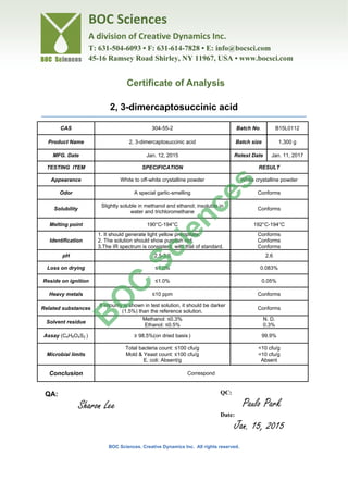 Certificate of analysis succimer 304-55-2 b15 l0112 | PDF