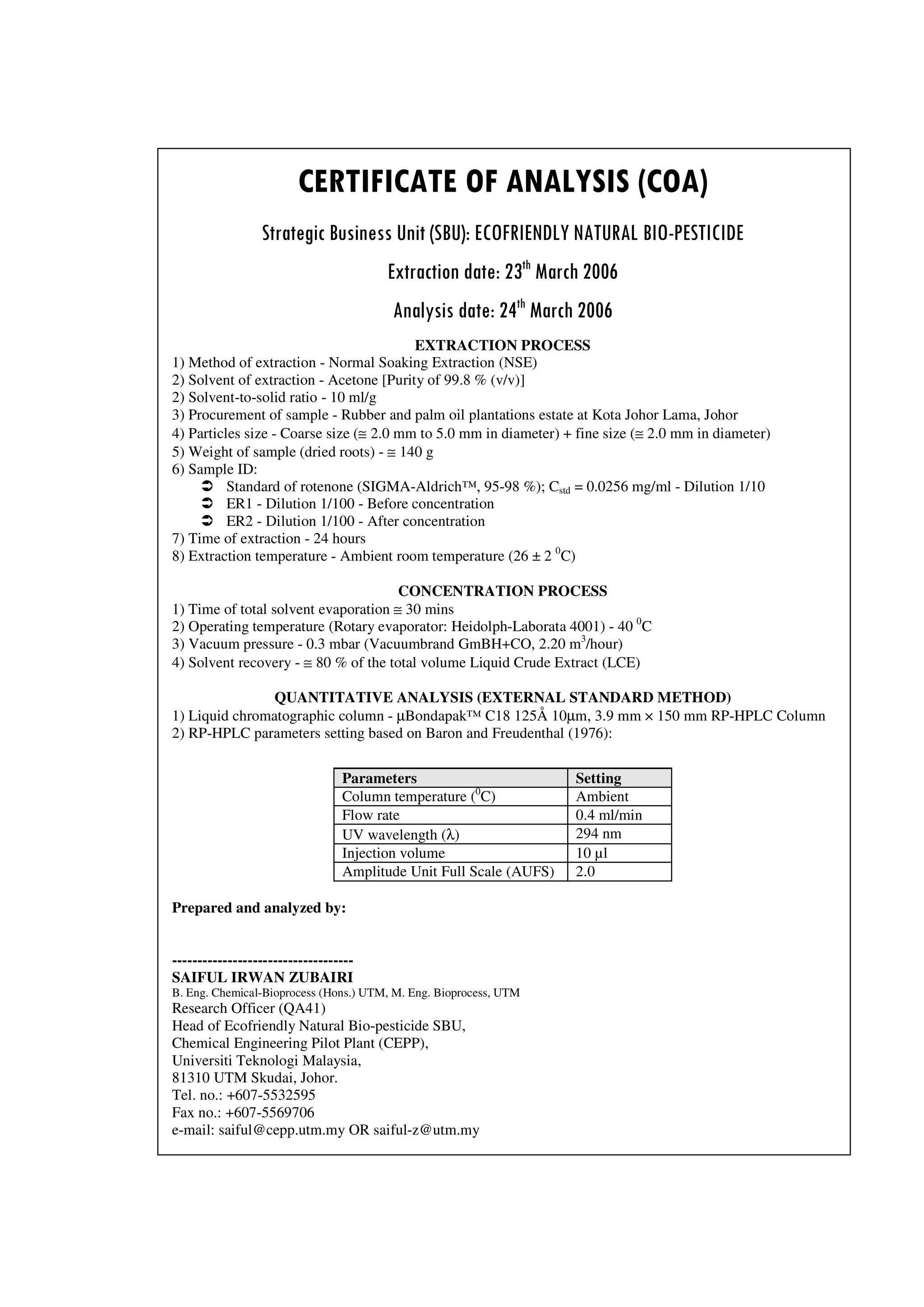 HPLC CERTIFICATE OF ANALYSIS (COD) FOR A.I. CONTENT | PDF