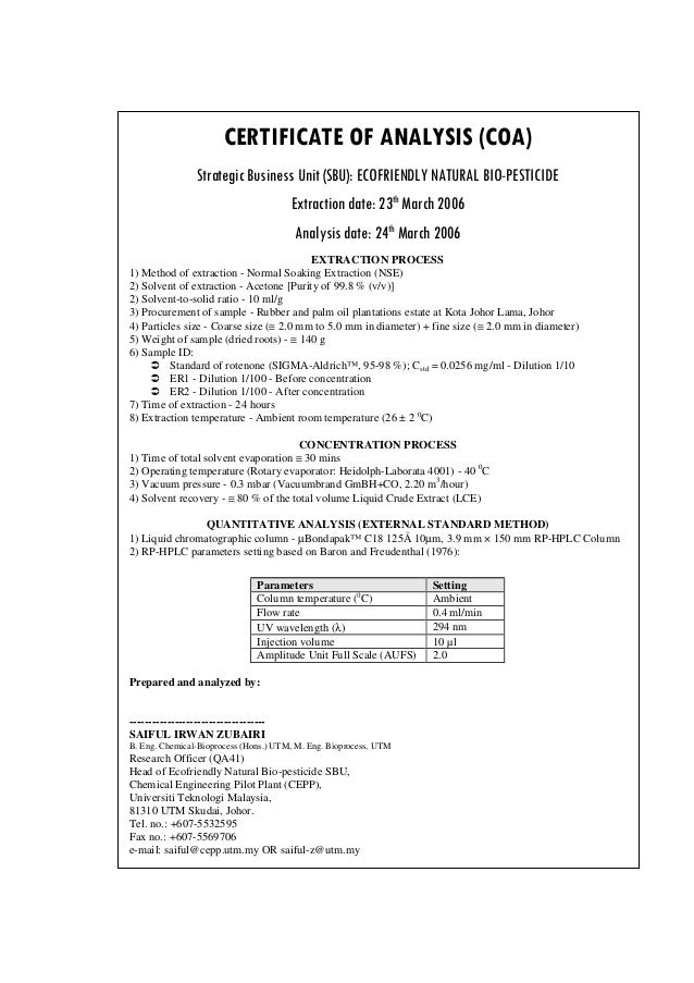 Hplc Certificate Of Analysis Cod For A I Content