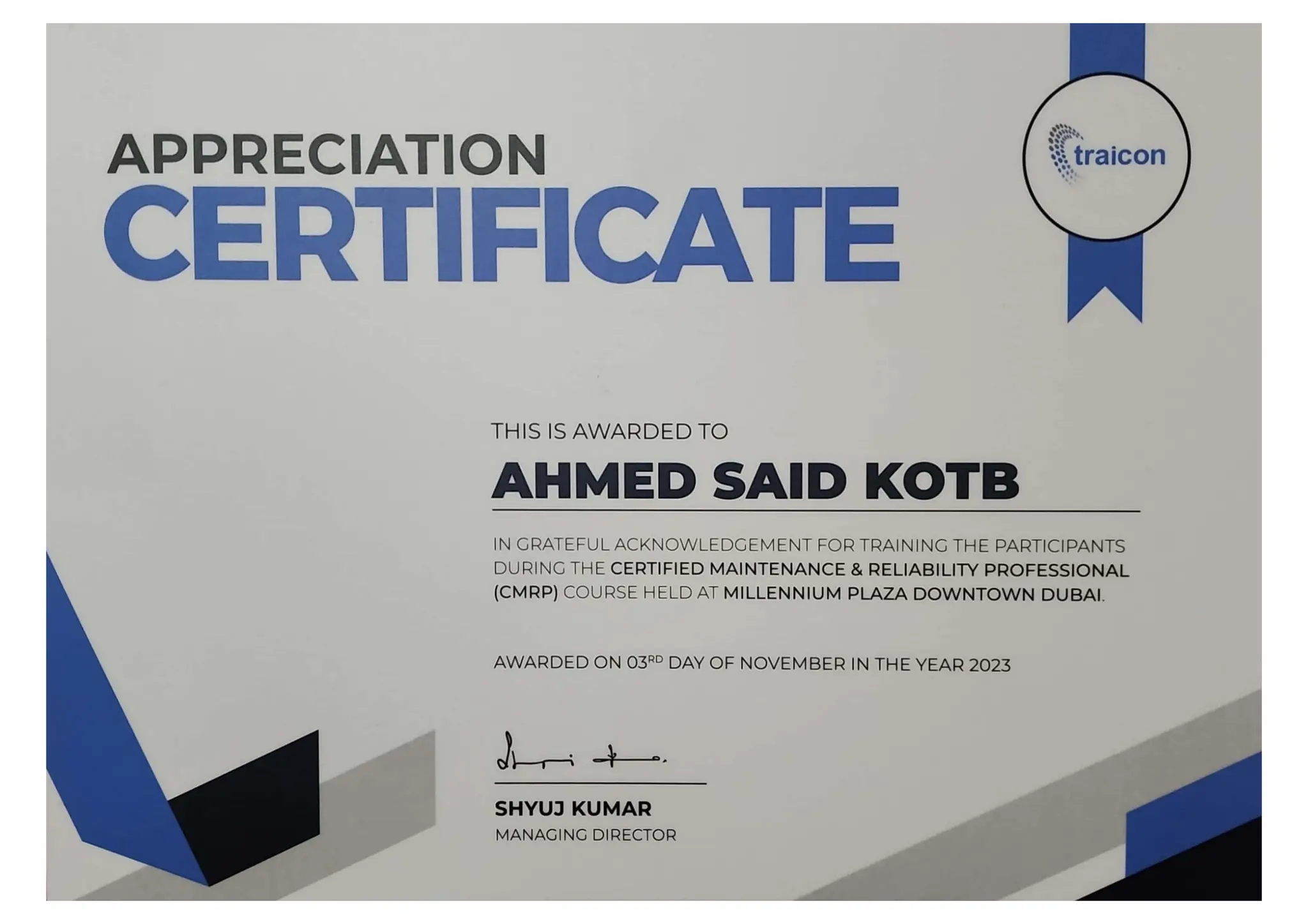 Certificate of Appreciation for conducting the "Certified Maintenance ...