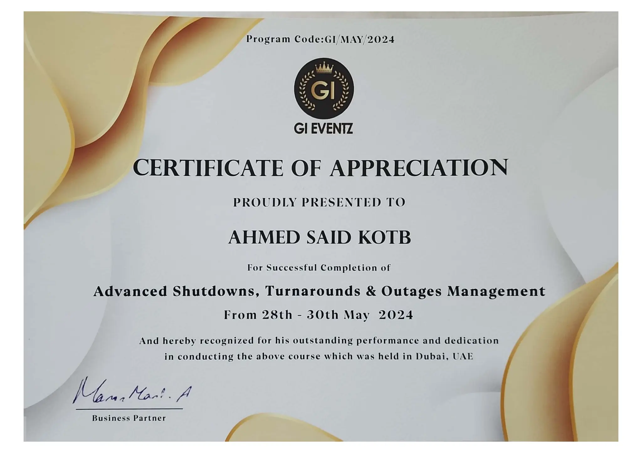 Certificate of Appreciation for conducting the "Advanced Shutdowns ...