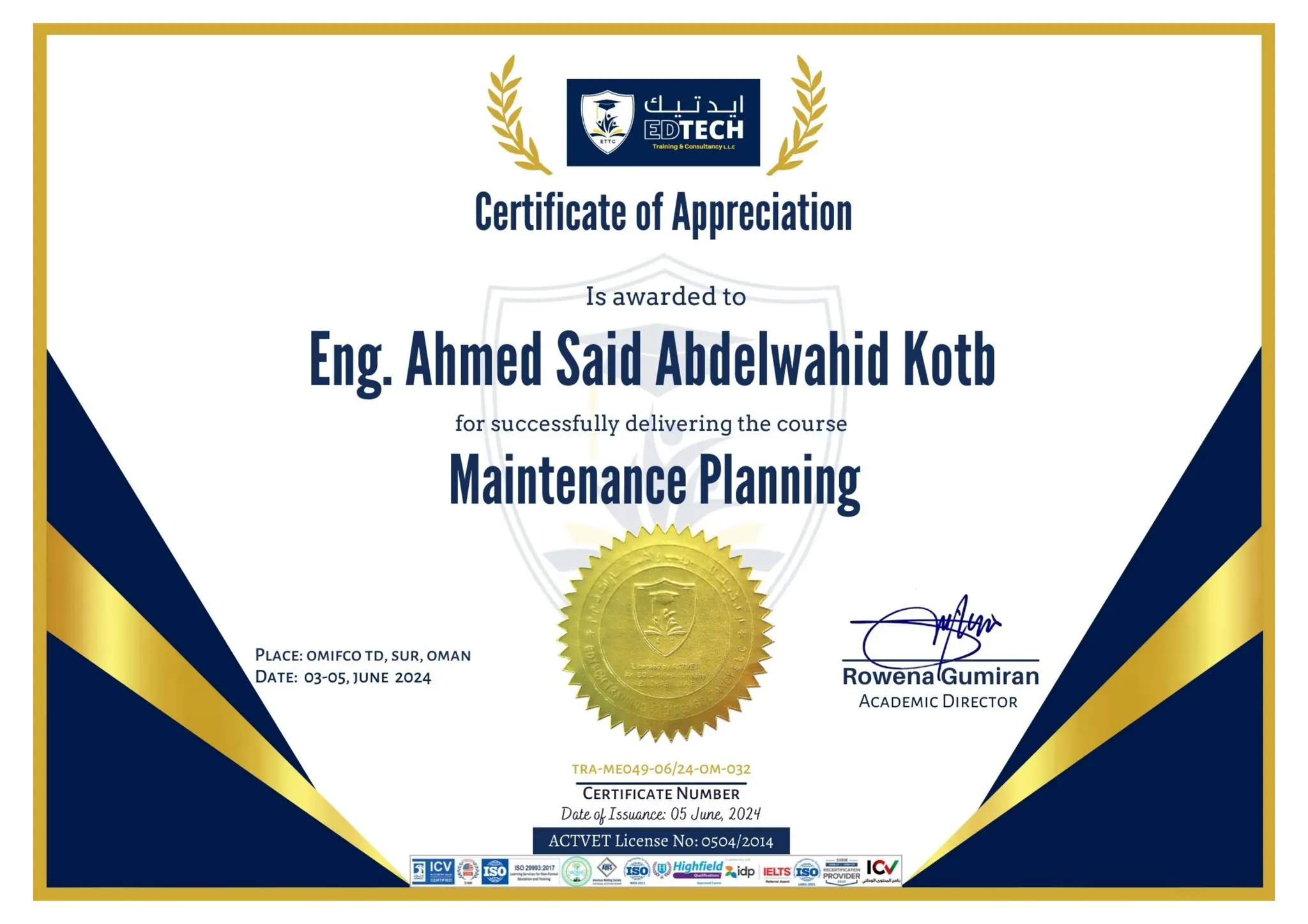 Certificate of Appreciation for conducting the Maintenance Planning and Scheduling Course ...