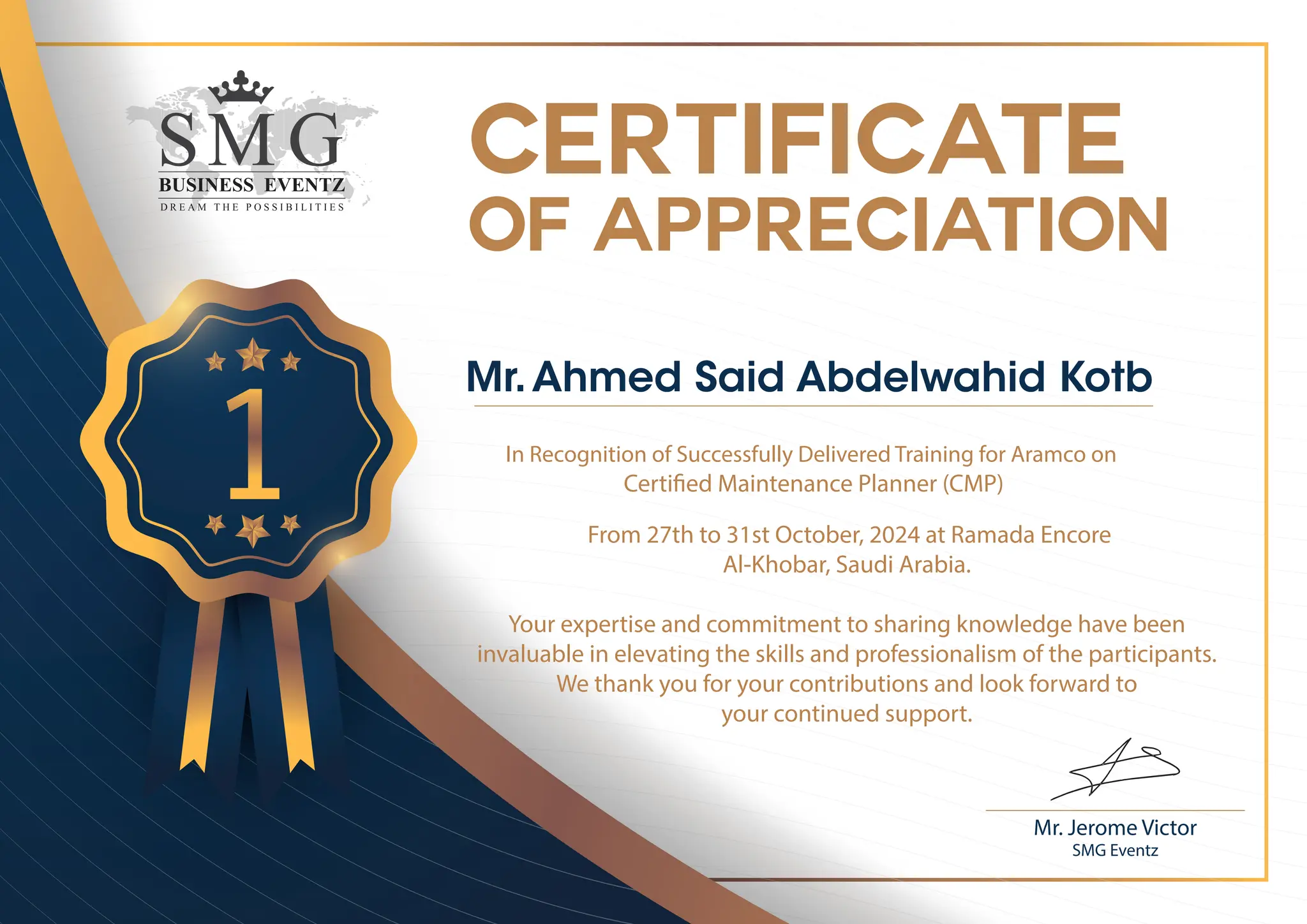 Certificate of Appreciation for conducting the "Certified Maintenance Planner (CMP)" course ...