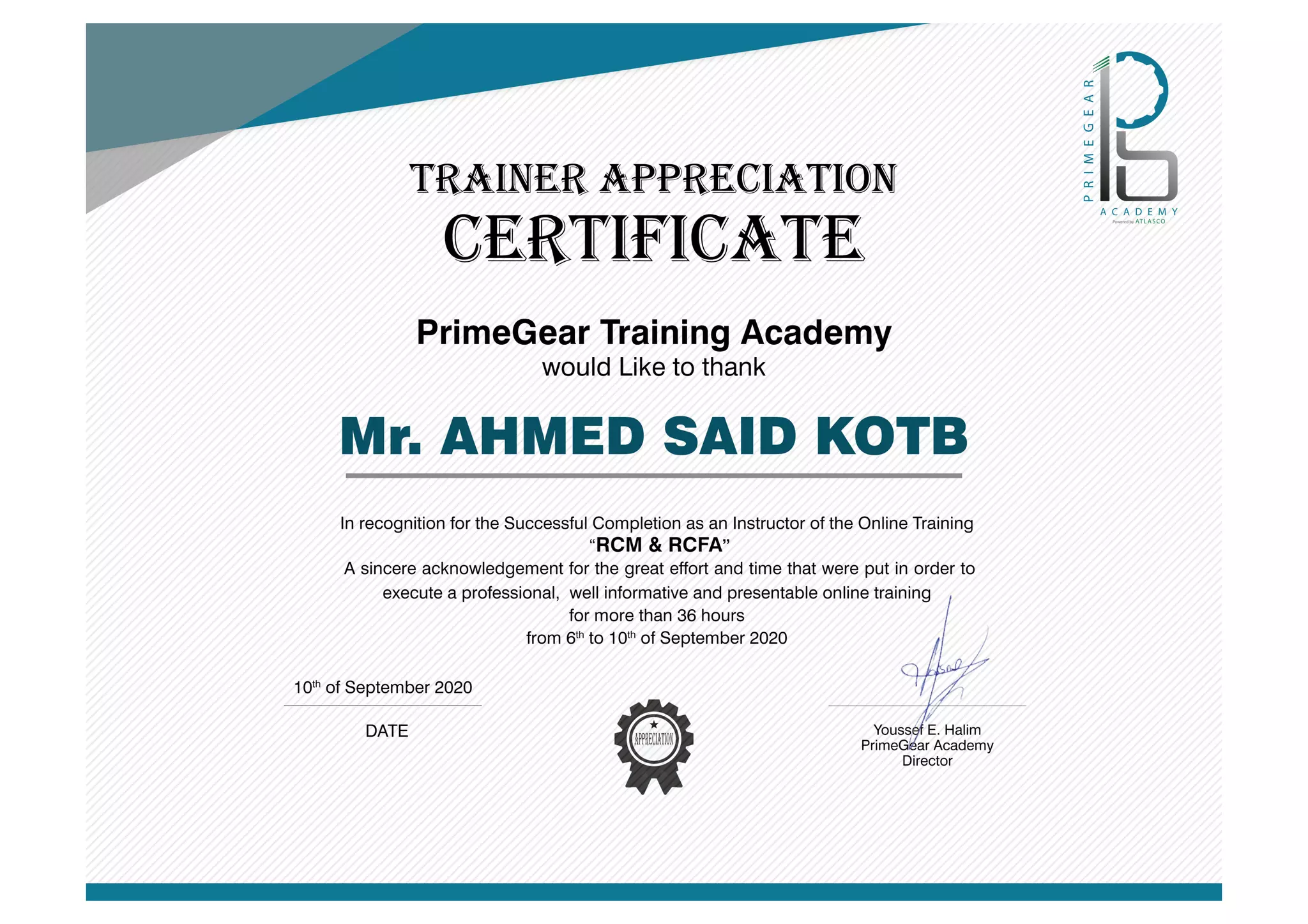 Certificate of Appreciation for Conducting RCM + RCFA Online Training ...