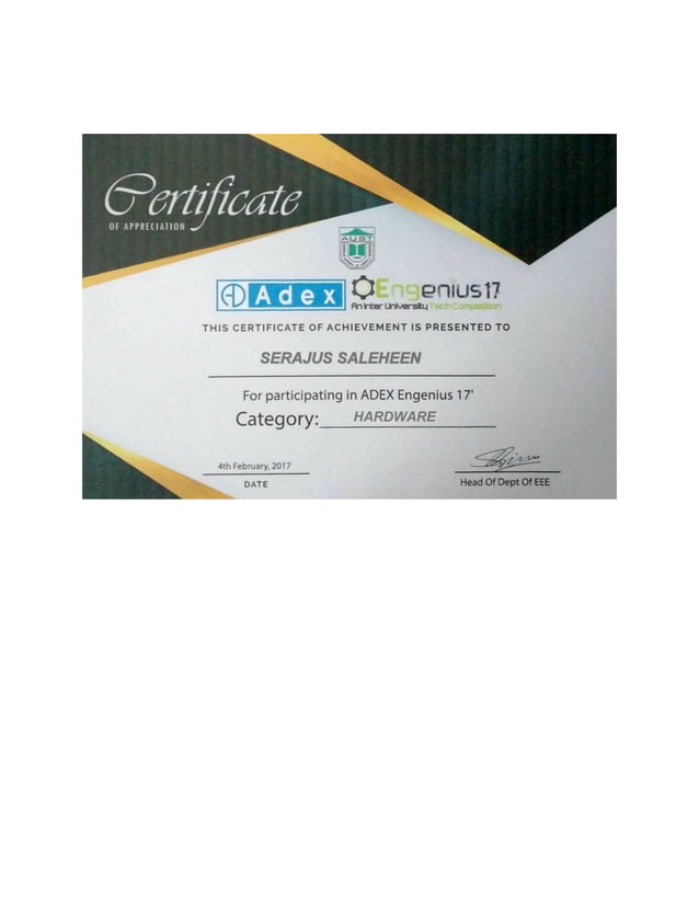 Certificate of Appreciation & Participation in ADEX Engenius'17 | PDF | Free Download