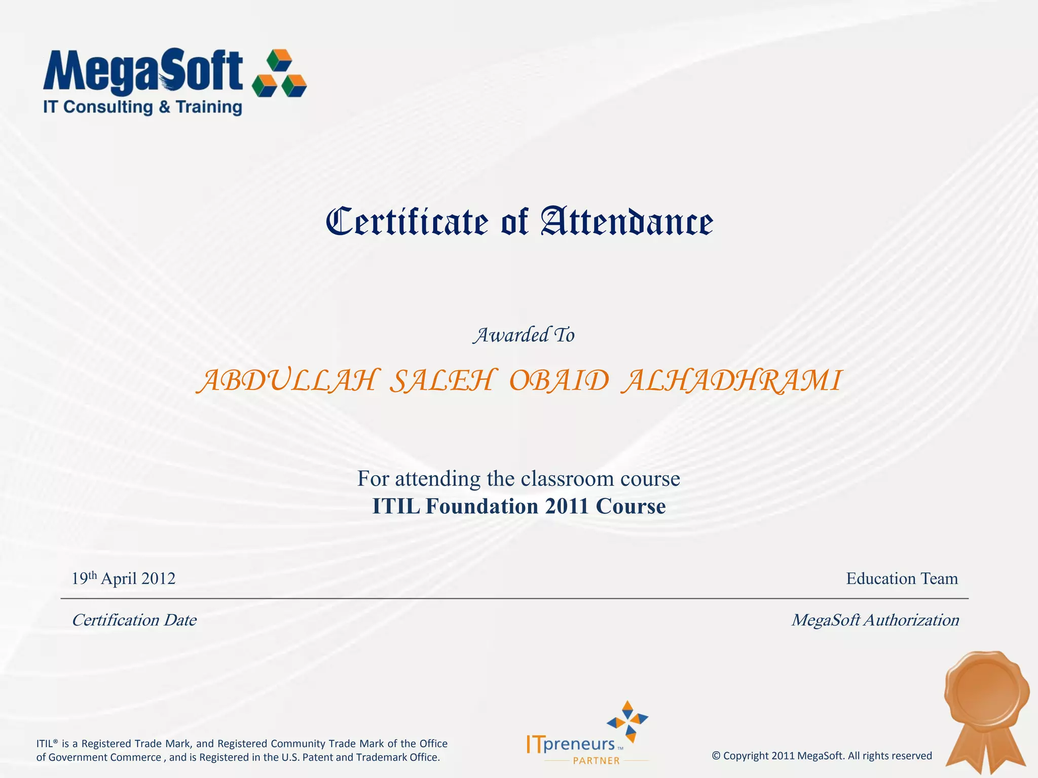 Certificate Of Attendance Mega Soft Alhadhrami | PPT