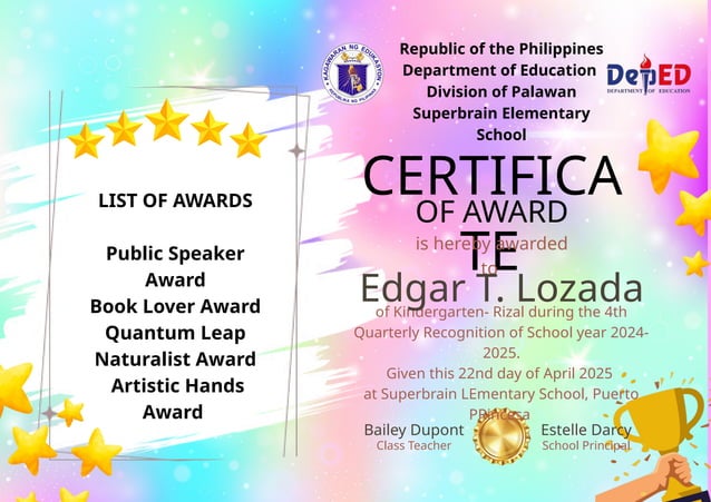 Certificate of Awards.pptx Kindergarten awards | PPTX