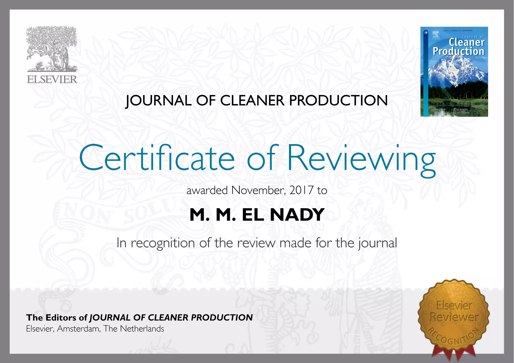 Mohamed M. El Nady, Certificate of cleaner production 2017 | PDF