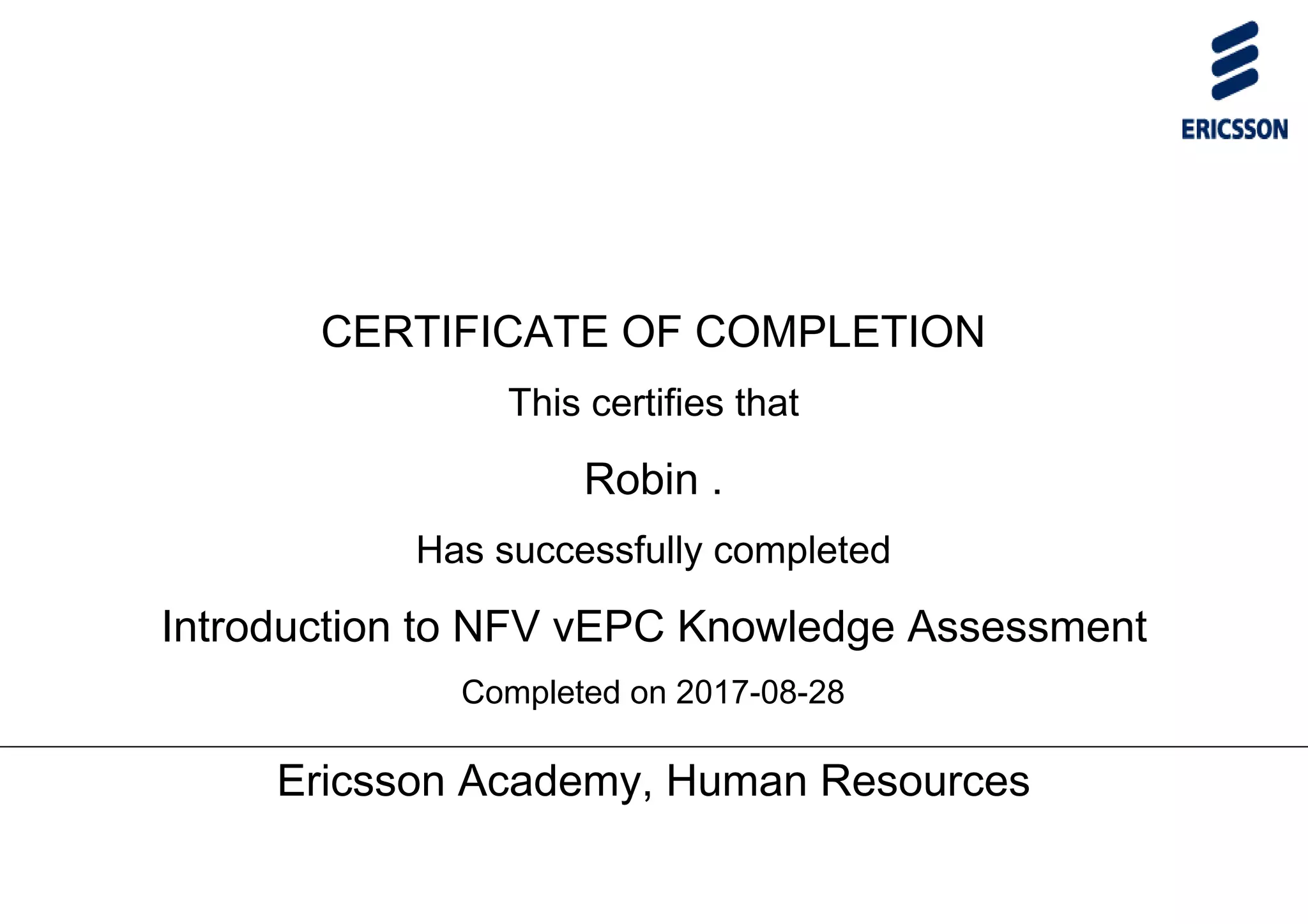 Certificate of completion- NFV vEPC Assessment | PDF