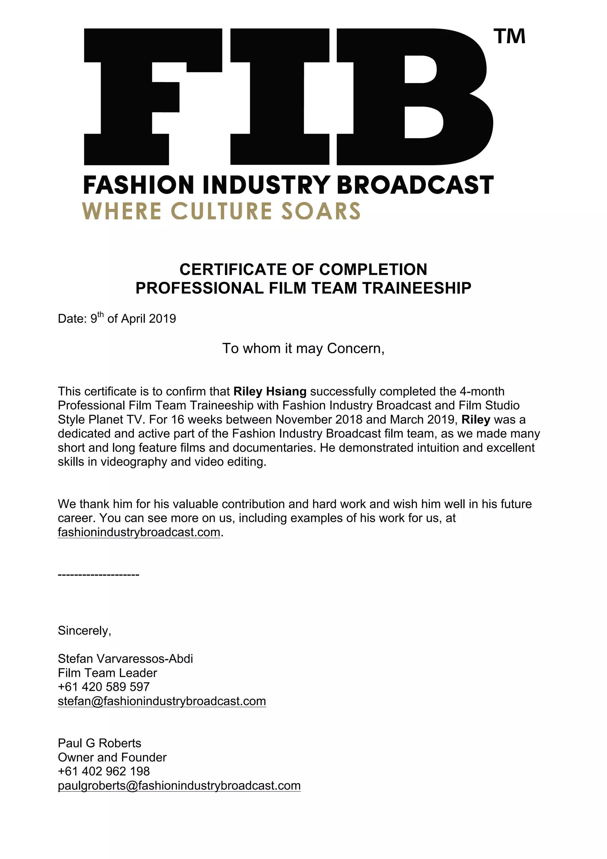 Certificate of completion film riley | PDF