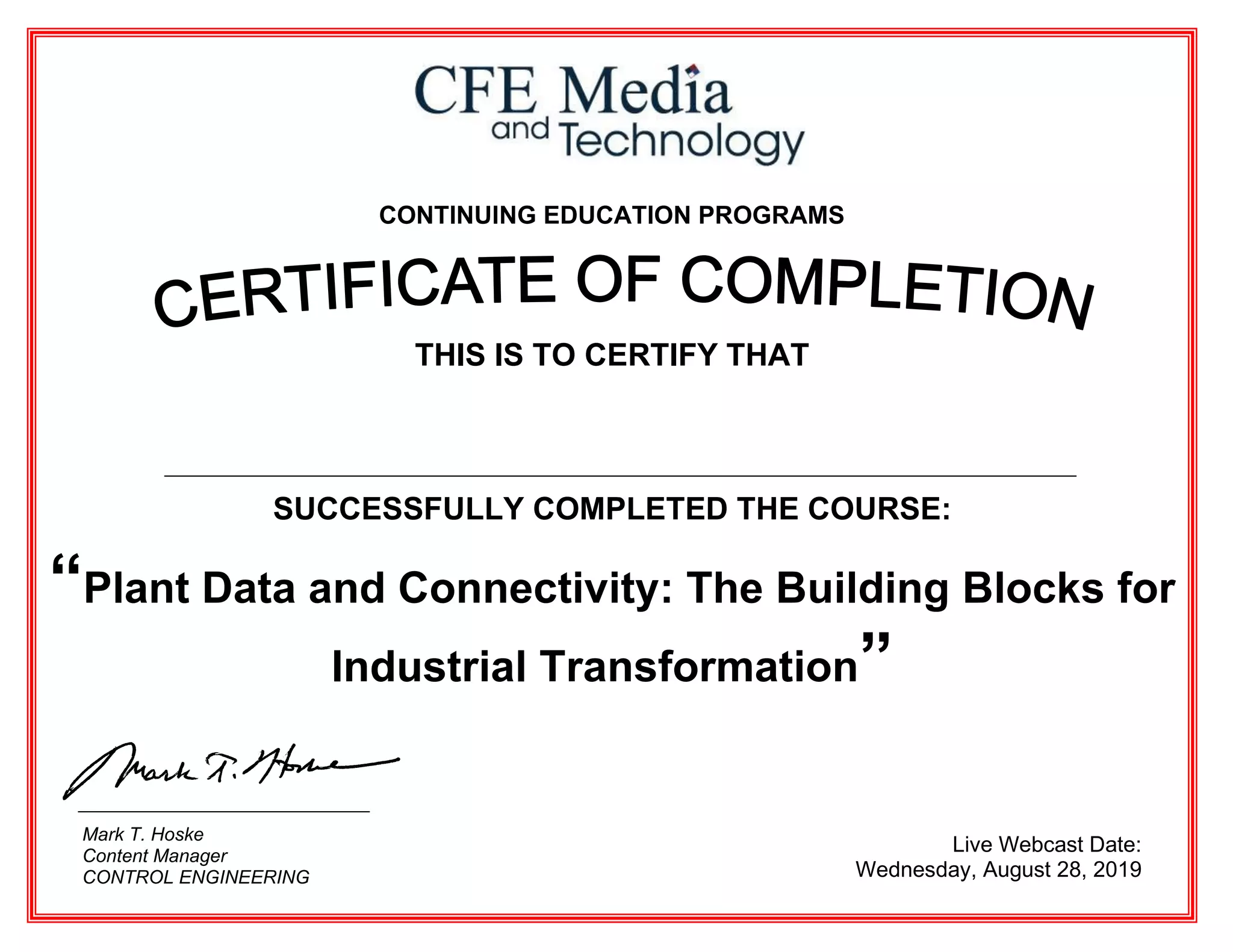Certificate of completion "Plant data connectivity - the building blocks for industrial ...