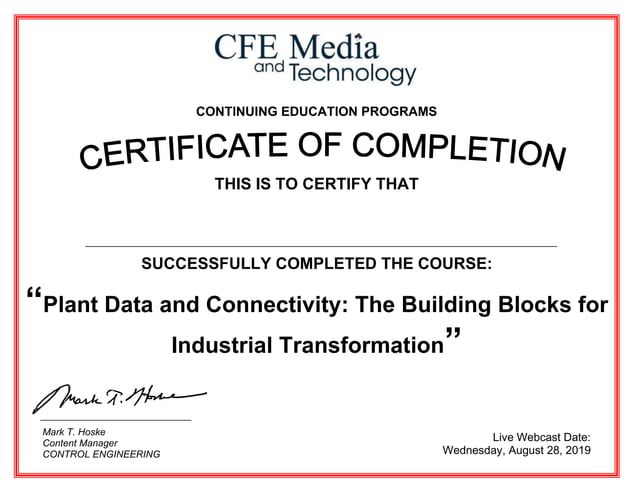 Certificate of completion "Plant data connectivity - the building blocks for industrial ...