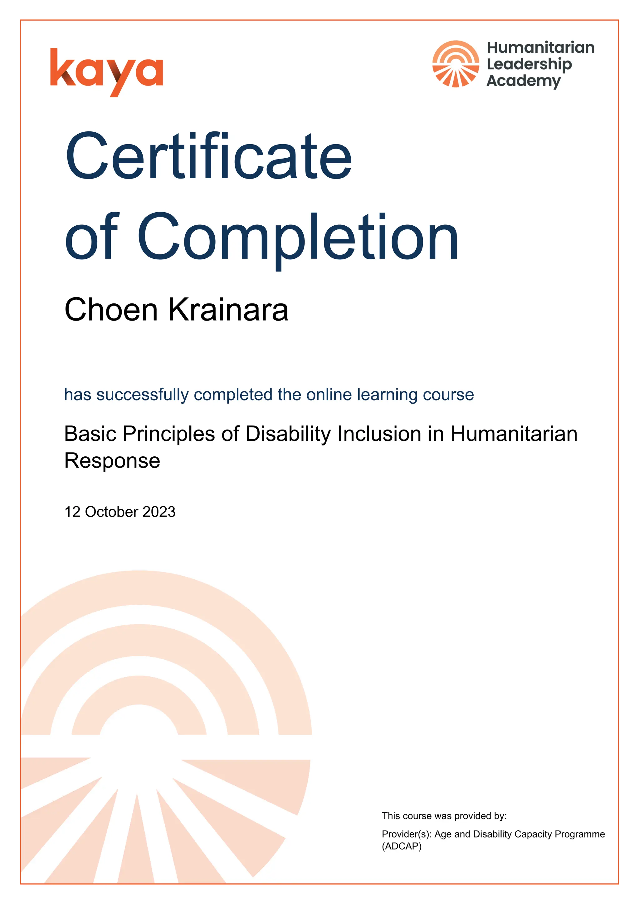 Certificate of Completion in Basic Principles of Disability Inclusion in Humanitarian Response | PDF