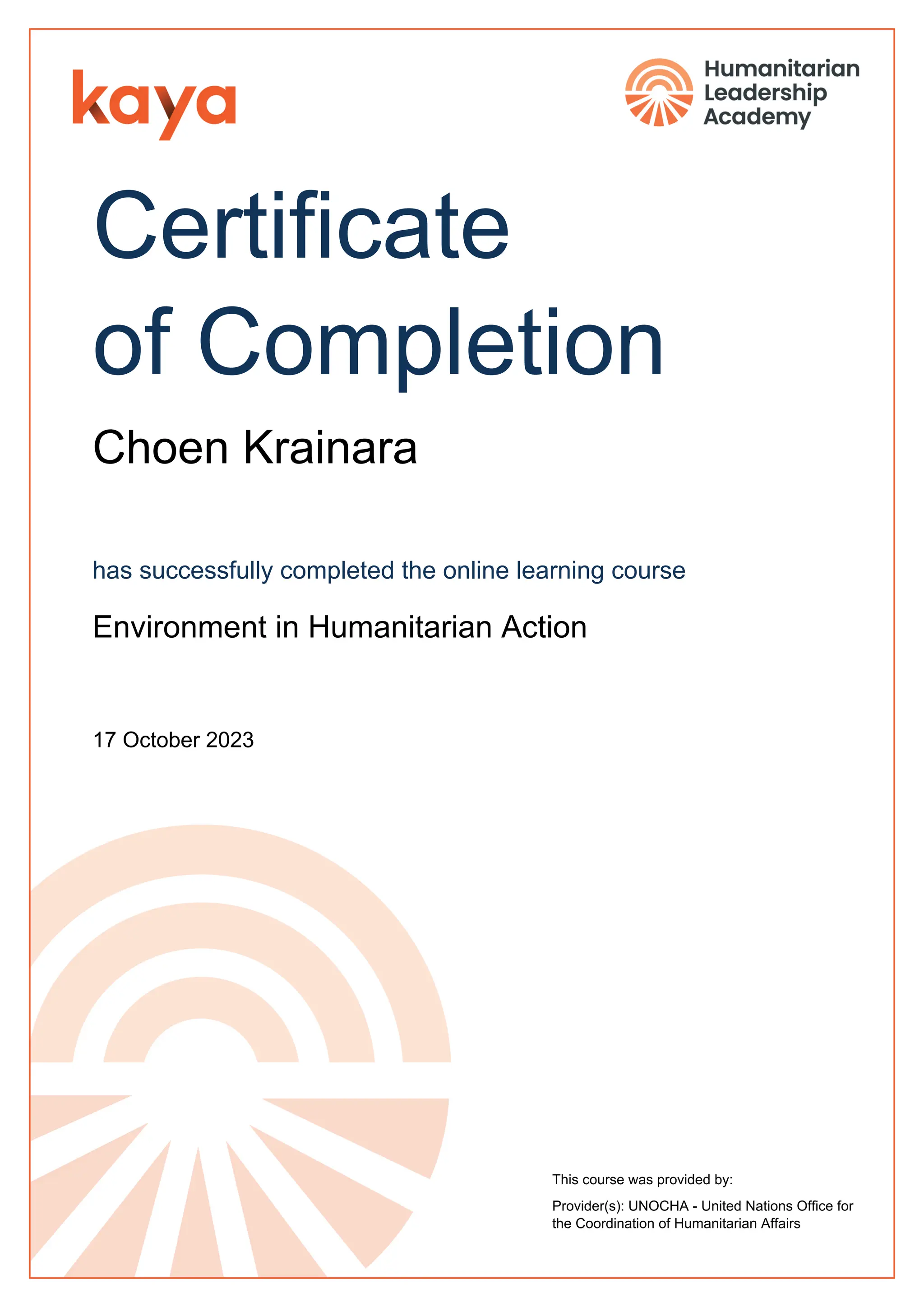 Certificate of Completion in Environment in Humanitarian Action | PDF