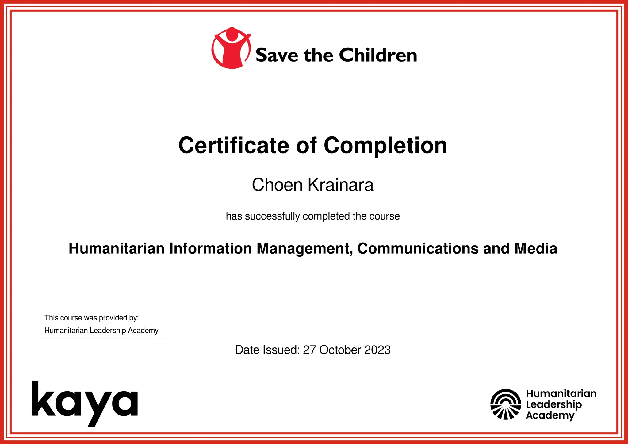 Certificate of Completion in Humanitarian Information Management, Communications and Media | PDF