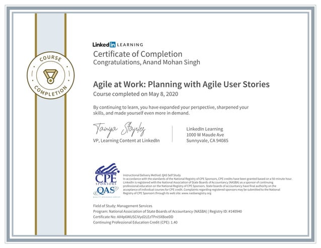 Certificate of Completion Agile at Work - Planning with agile user stories | PDF