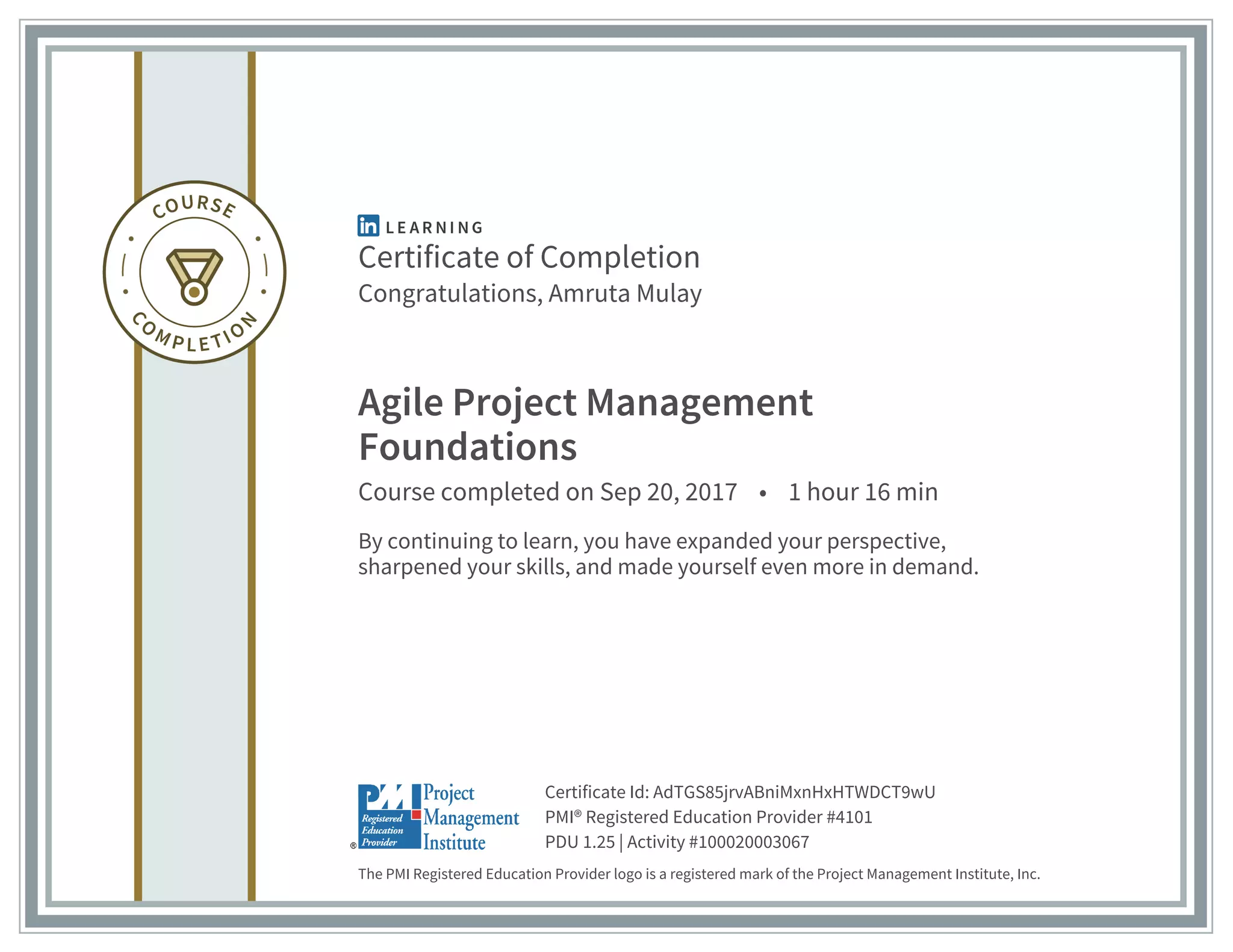 Certificate ofcompletion agileprojectmanagementfoundations | PDF