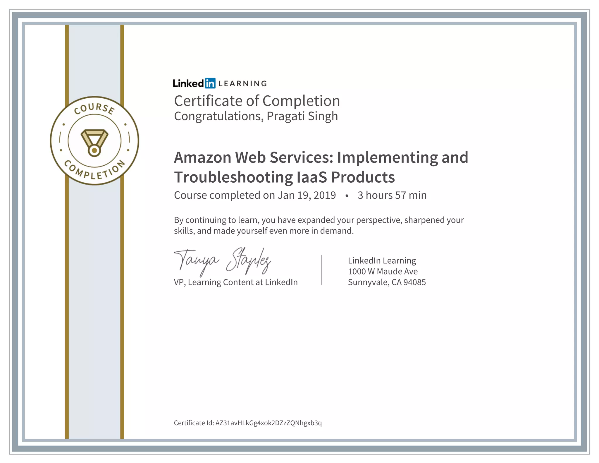 Certificate of completion amazon web services implementing and troubleshooting iaas products | PDF