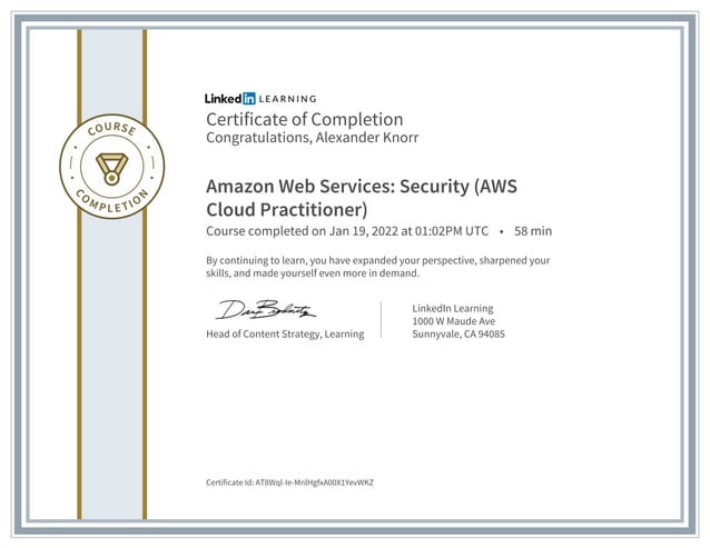 Certificate of completion amazon web services security aws cloud practitioner | PDF