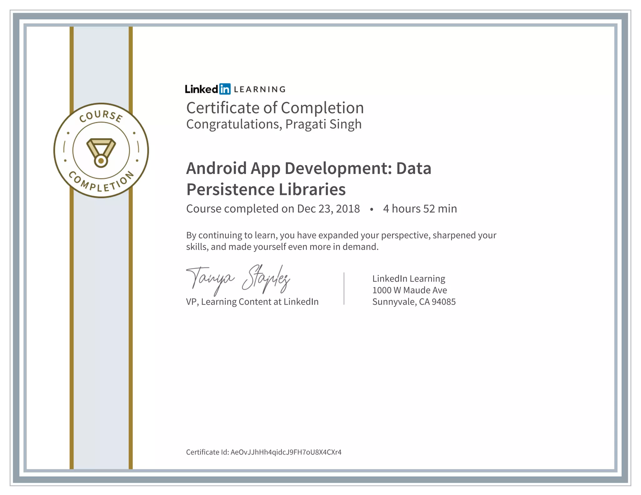 Certificate of completion android app development data persistence libraries | PDF | Operating ...