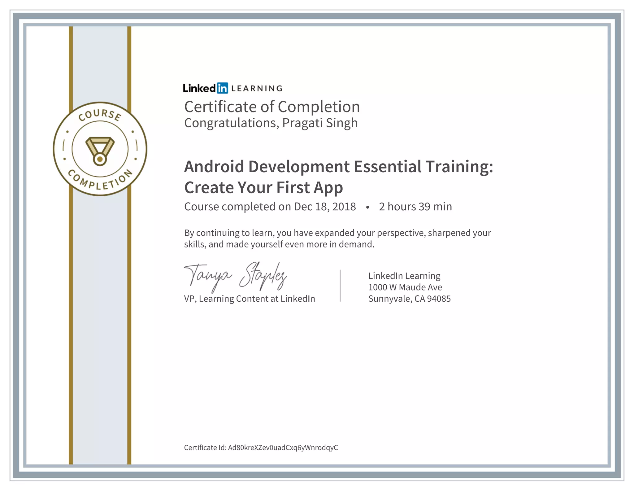 Certificate of completion android development essential training create your first app | PDF ...