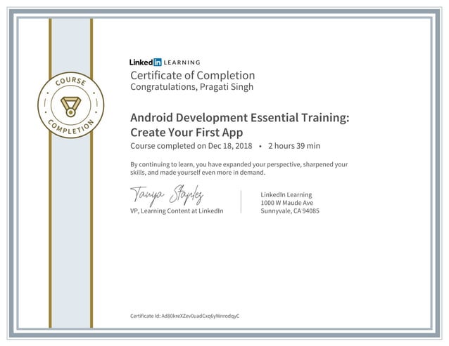 Certificate of completion android development essential training create your first app | PPT