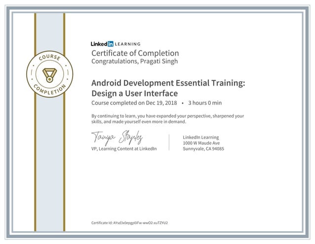 Certificate of completion android development essential training design a user interface | PDF ...