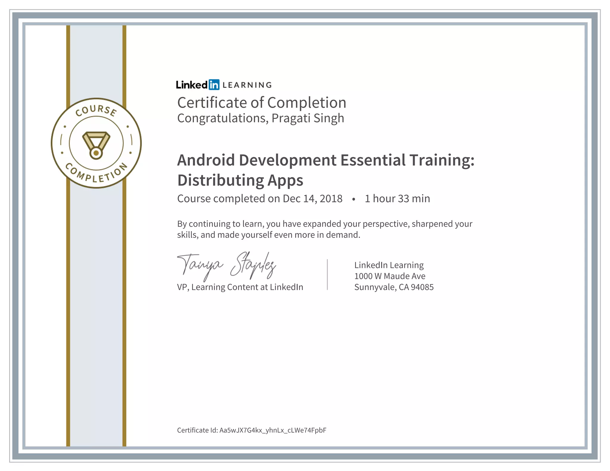 Certificate of completion android development essential training ...