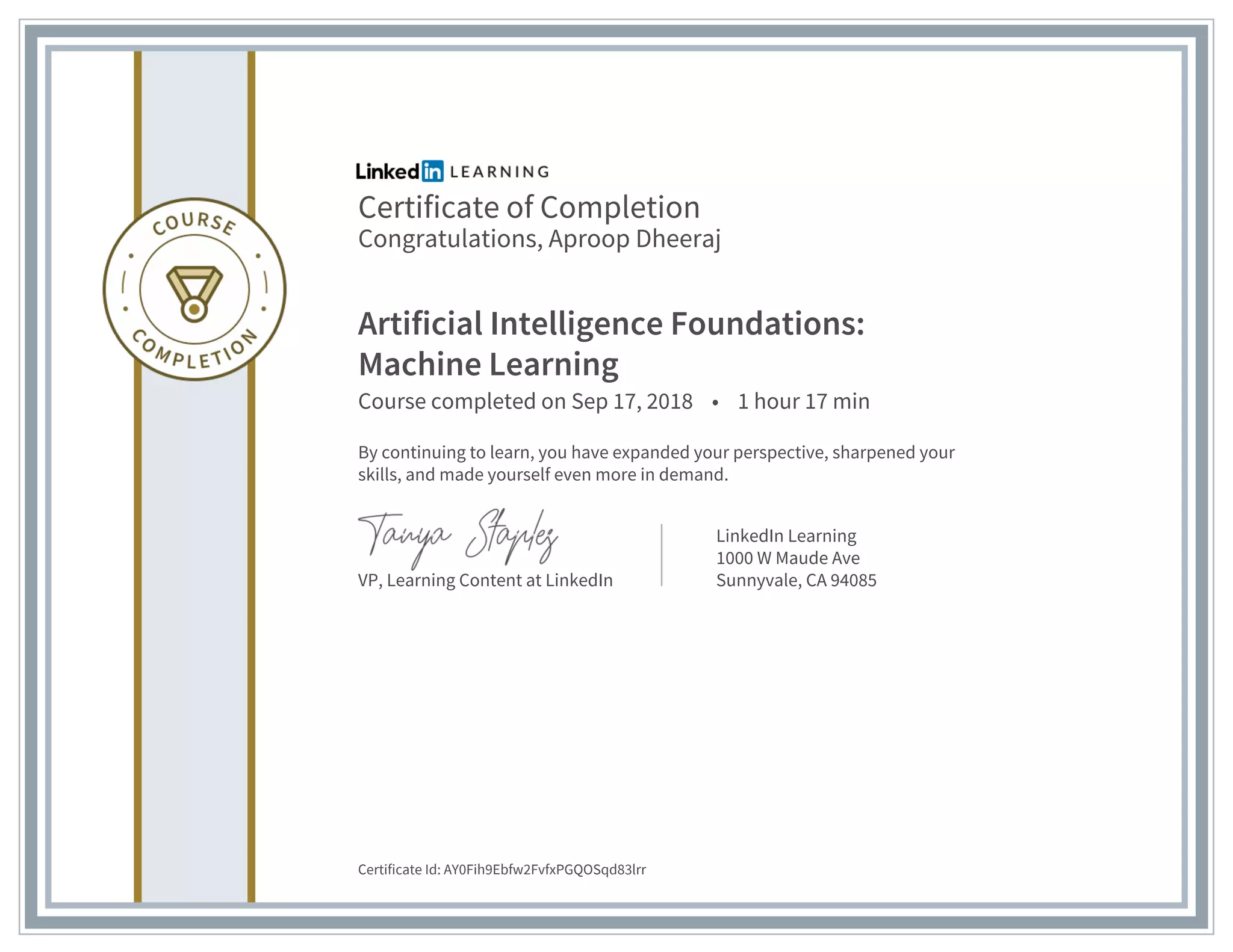 Certificate ofcompletion artificial intelligence foundations machine learning | PDF | Artificial ...