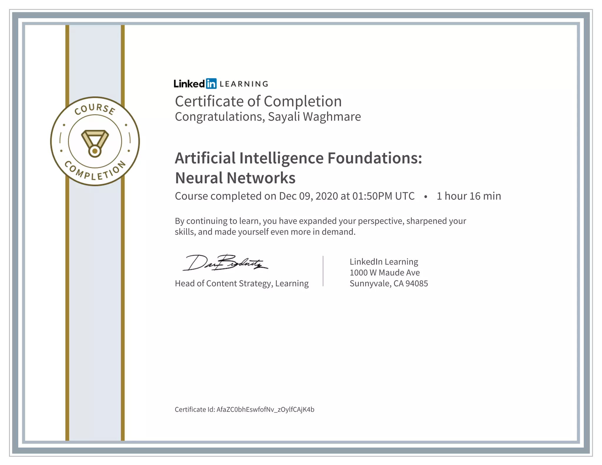 Certificate of completion artificial intelligence foundations neural networks | PPT