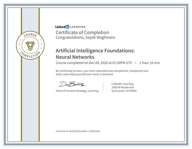 Certificate of completion artificial intelligence foundations neural networks | PPT