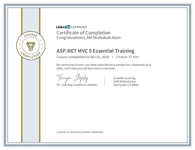 Certificate Of Completion Mvc 5 Essential Training 