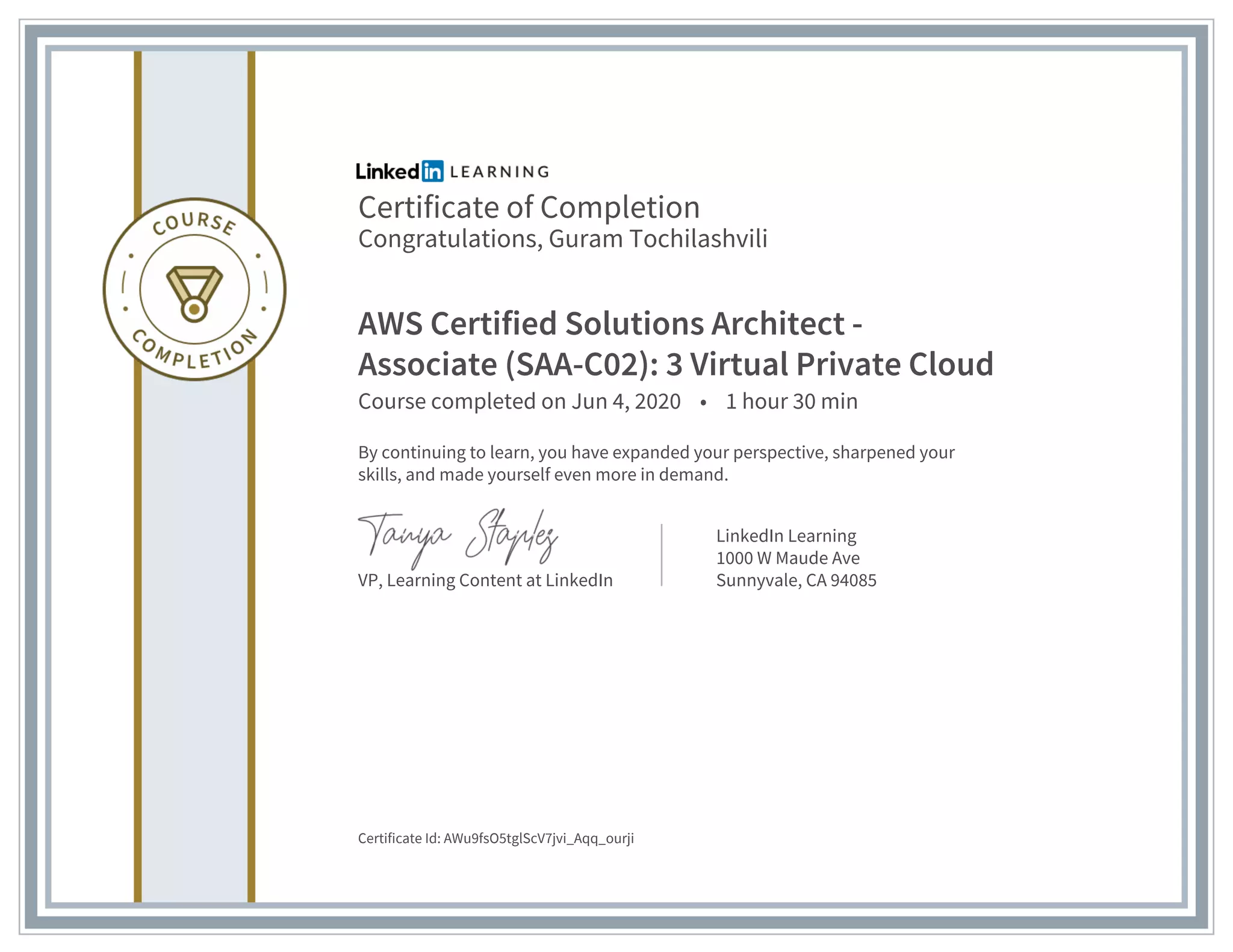 Certificate of completion aws certified solutions architect - associate (saa-c02)_ 3 virtual ...